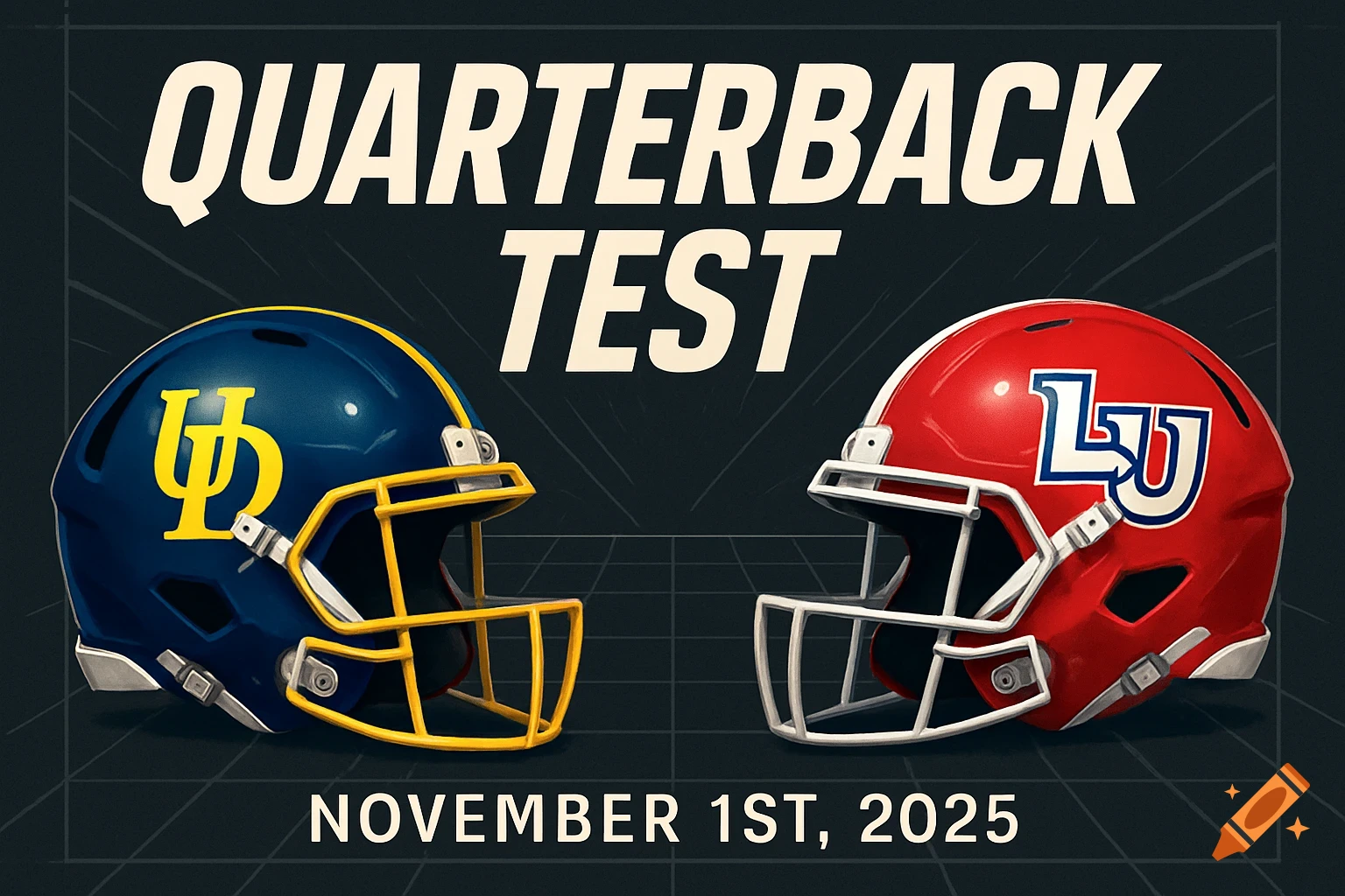Graphic for a football game: blue UD helmet vs. red LU helmet, with ...