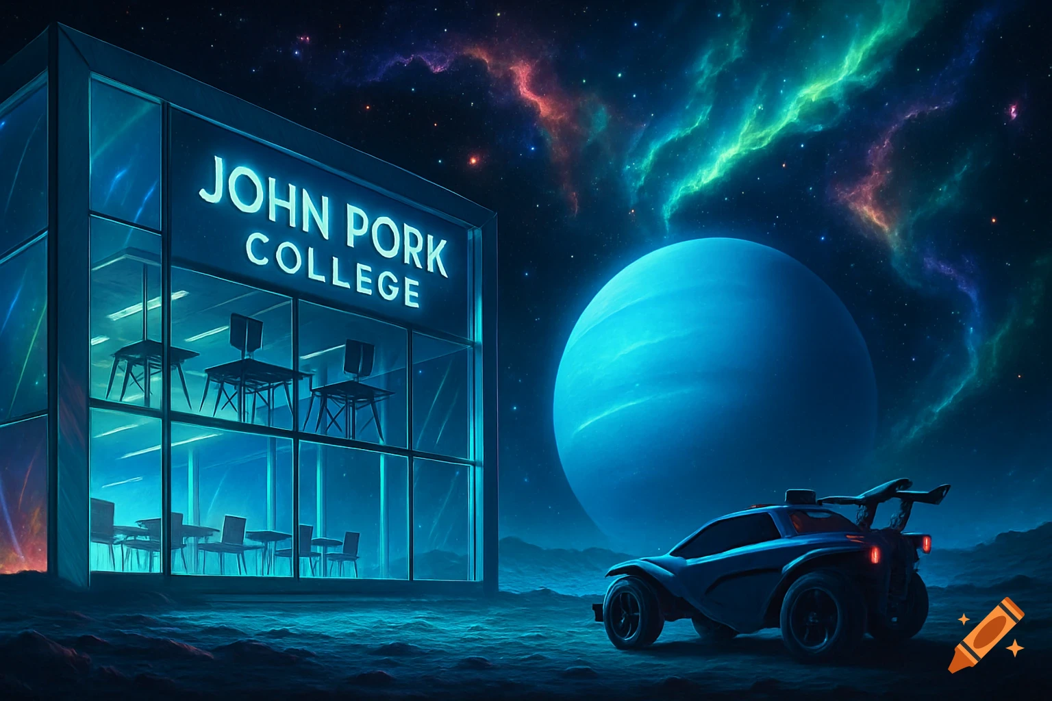 A sci-fi scene of "John Pork College" building on a rocky planet under ...