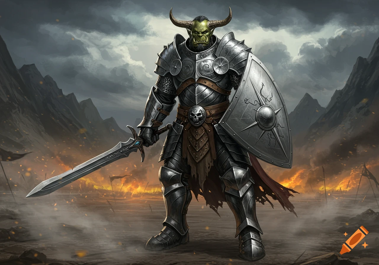 A powerful orc warrior in detailed full plate armor, with a horned face ...