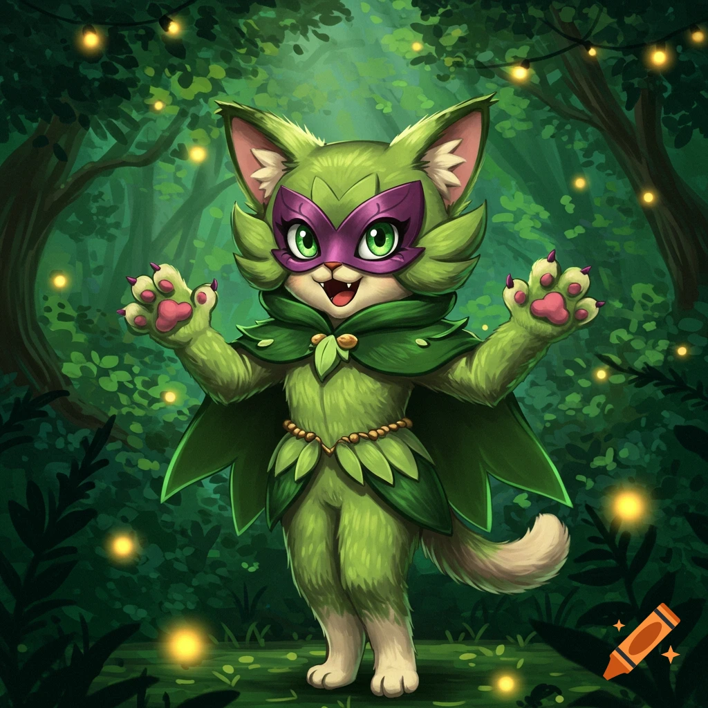 A cute, green, cat-like Sprigatito character in a purple mask and leaf ...