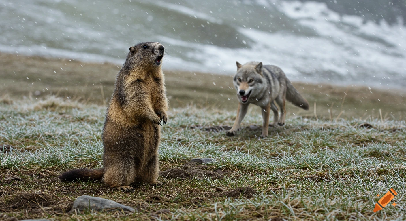 A frightened marmot stands on its hind legs facing a blurred wolf-like ...