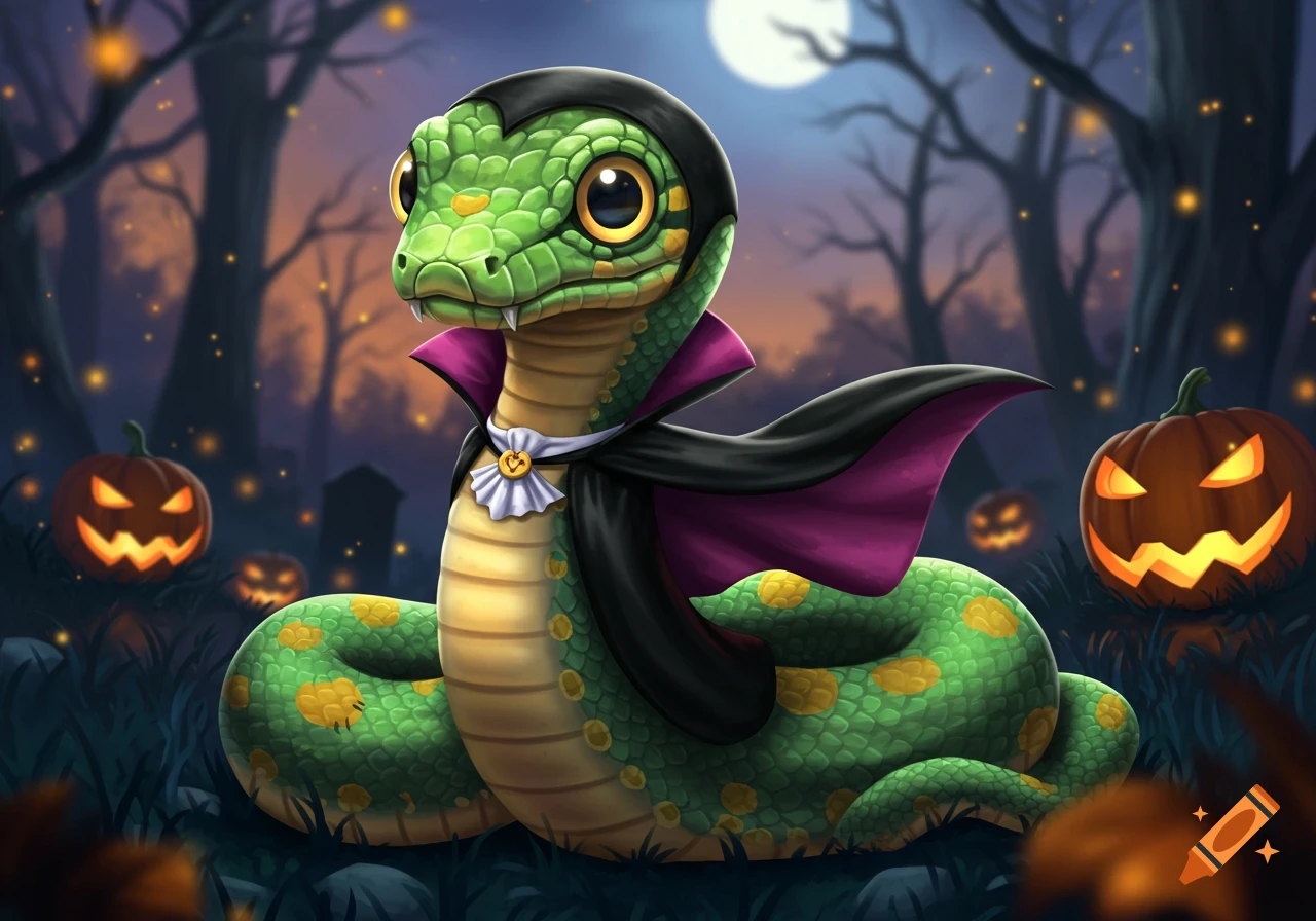 A cute cartoon green snake in a black and purple vampire cape sits in a ...