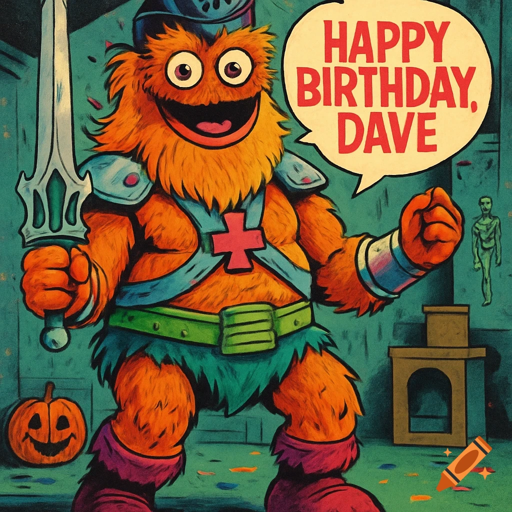 Gritty in a Masters of the Universe costume holds a sword, a speech ...