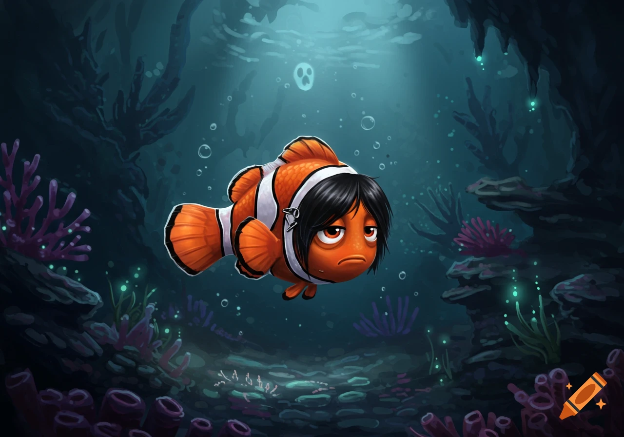 A cartoon emo clownfish with black hair and piercings sulks in a dark ...
