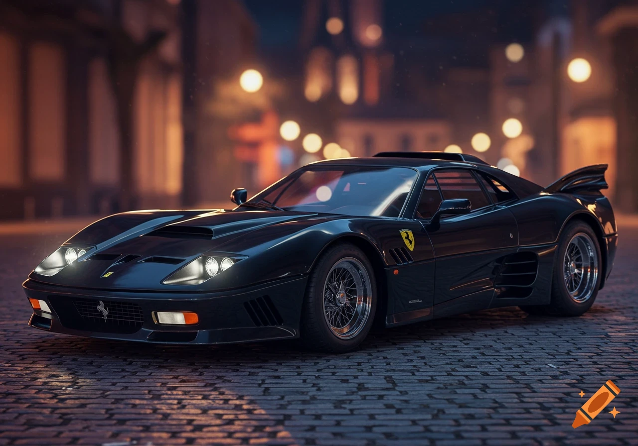 A sleek, black classic-style sports car, a mix of Batmobile and Ferrari ...