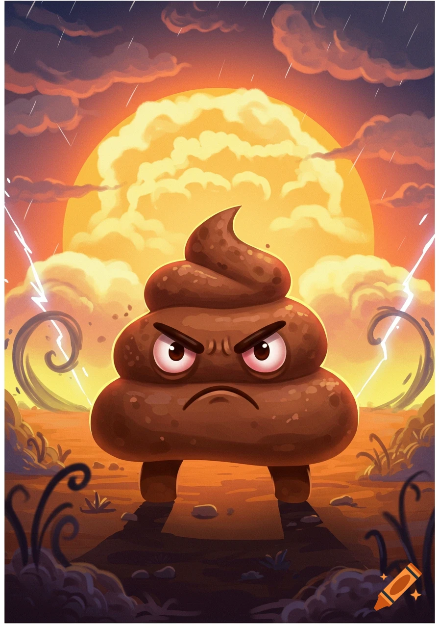A cartoon angry poop character stands in a stormy desert landscape with ...
