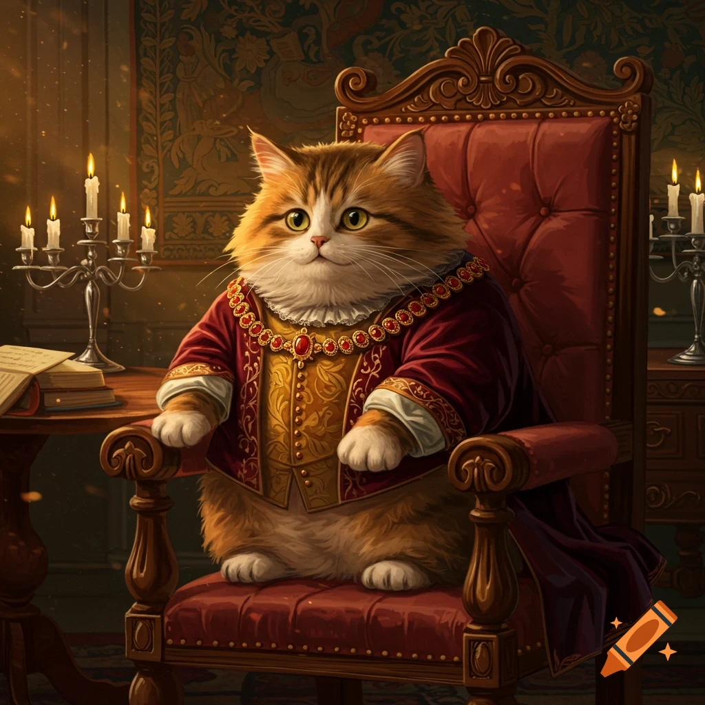 A fluffy cat in a red and gold baron's costume sits regally in an ...