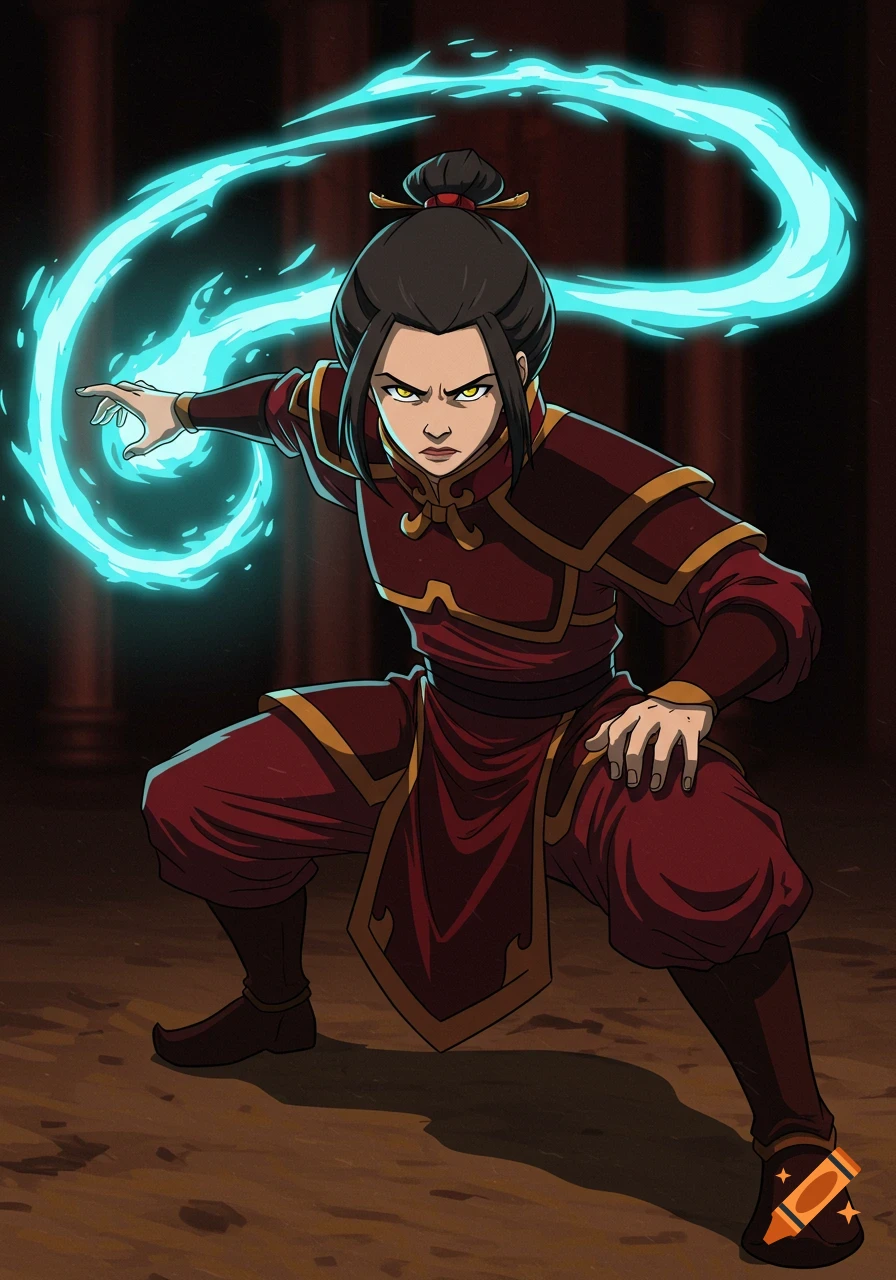 Azula from Avatar, in red Fire Nation armor, in a fierce low combat ...