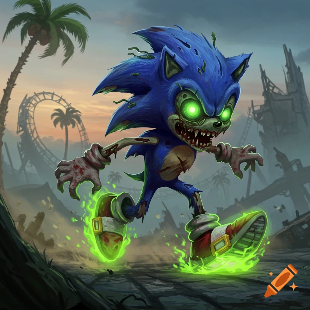 A menacing zombie Sonic the Hedgehog with glowing green eyes and ...