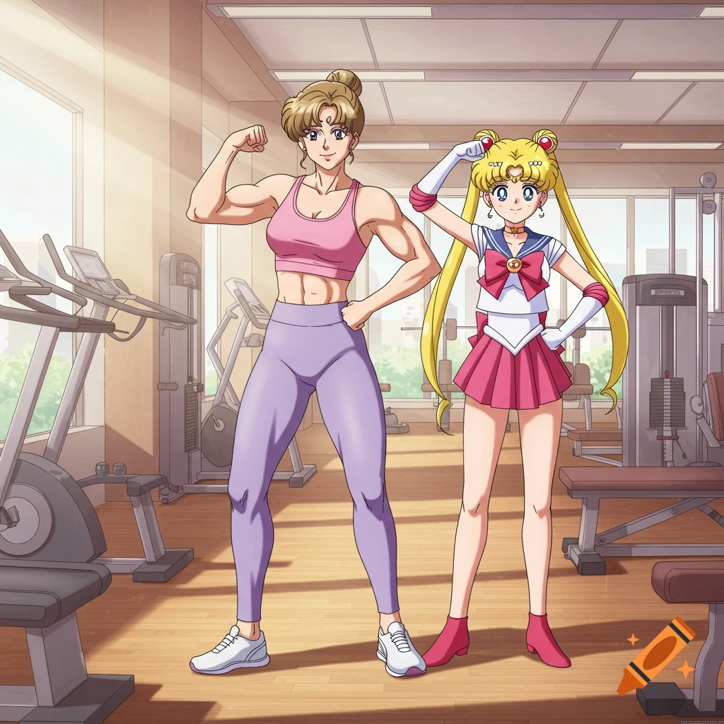 A muscular anime woman flexing her biceps next to Sailor Moon in a gym ...