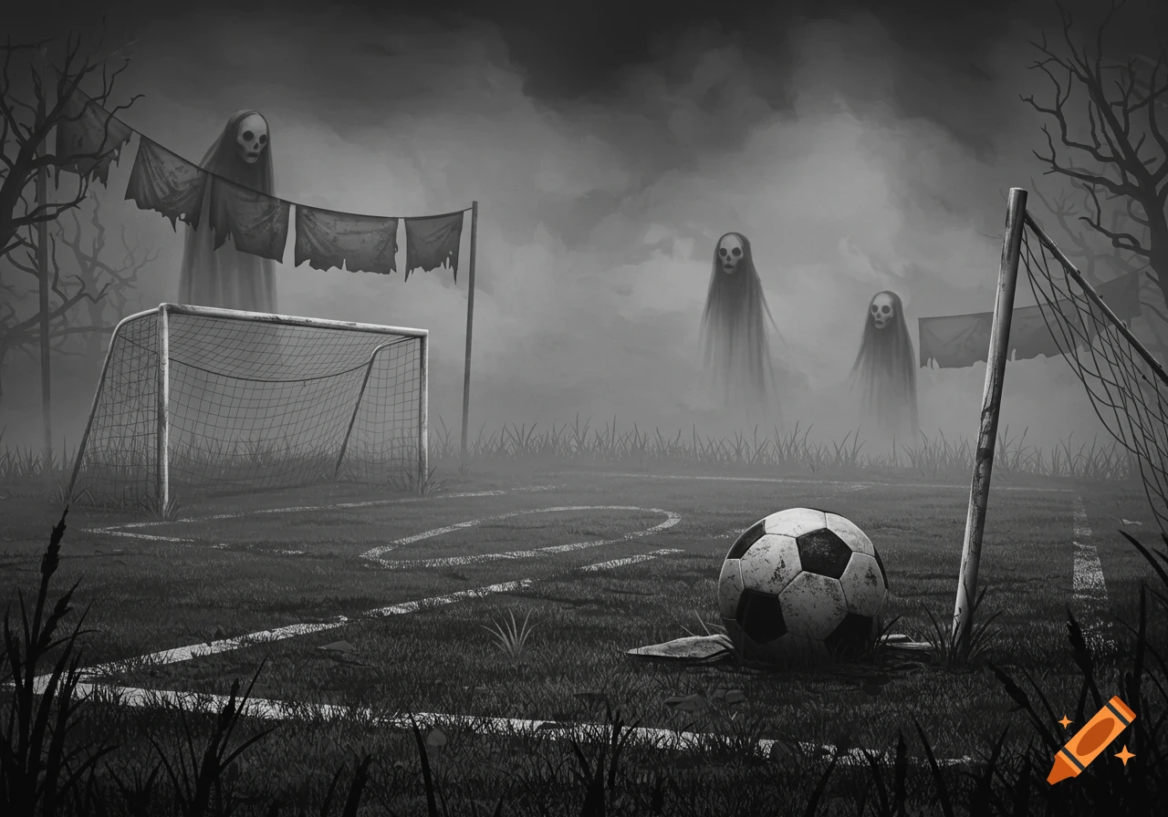 A monochrome drawing of a haunted soccer field with three ghostly ...