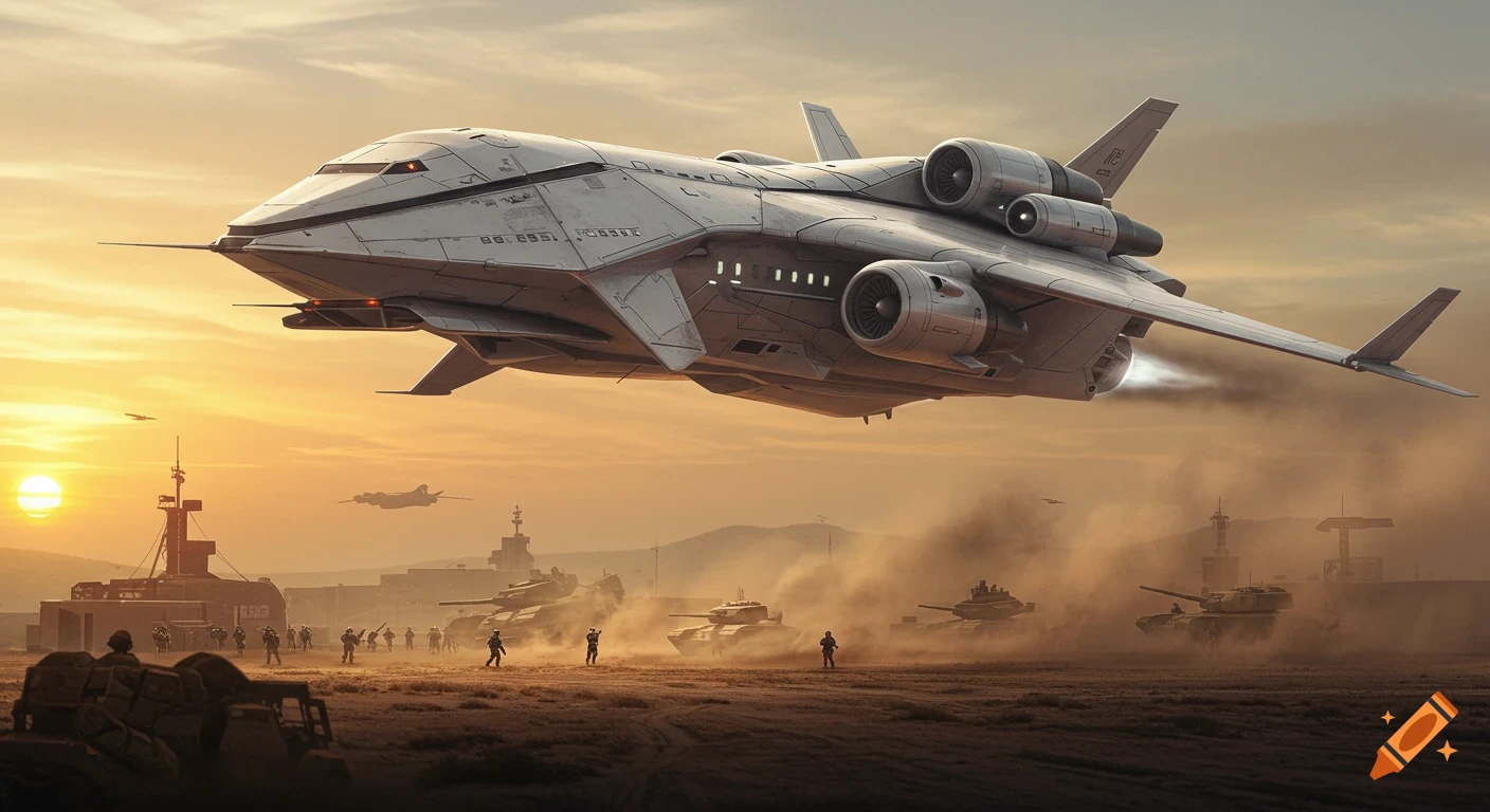 A massive, futuristic military transport plane flies over a dusty ...