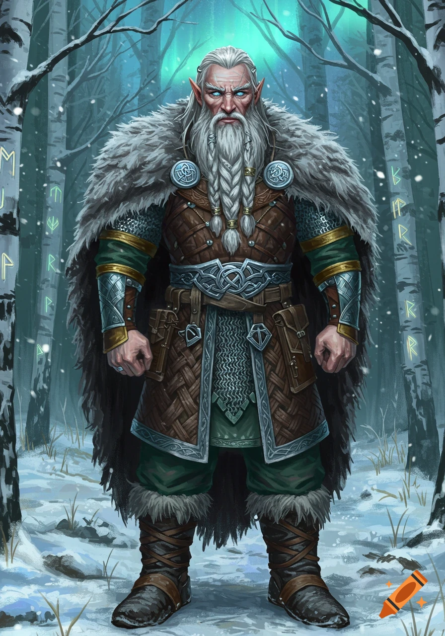 A brawny, old, white-bearded elf in Nordic armor and fur cape stands in ...