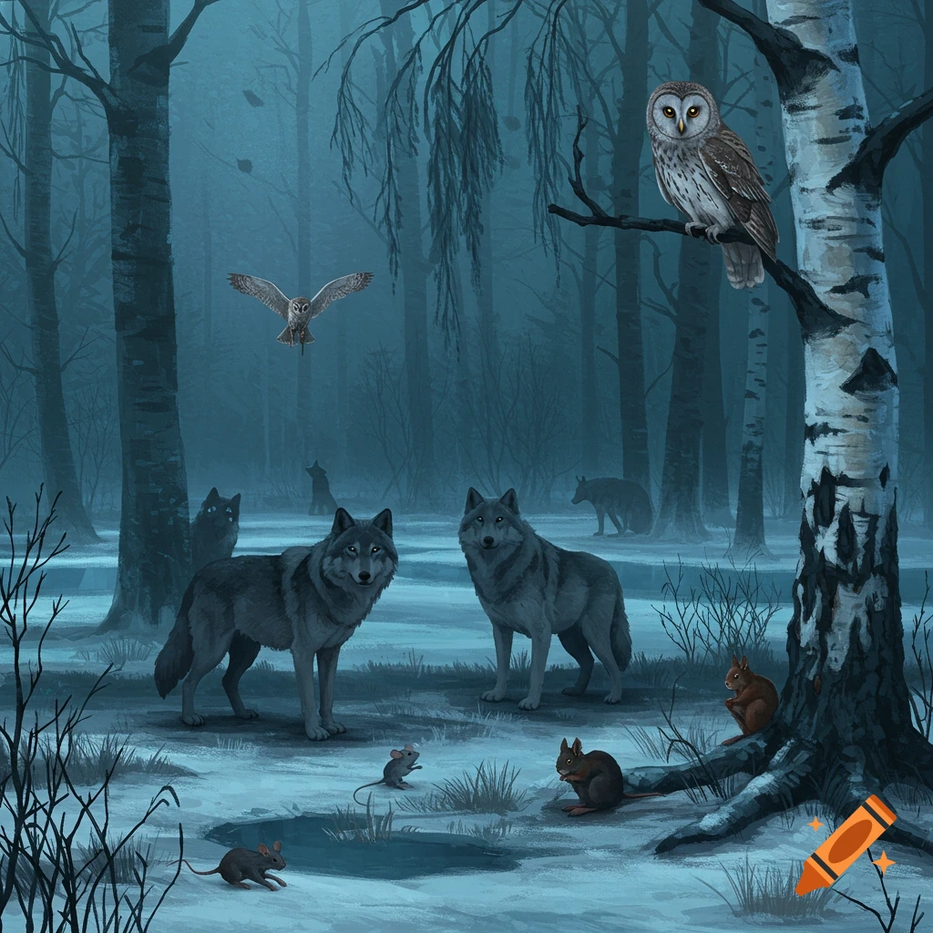 Illustration of wolves, owls, mice, and a squirrel in a snowy forest at ...