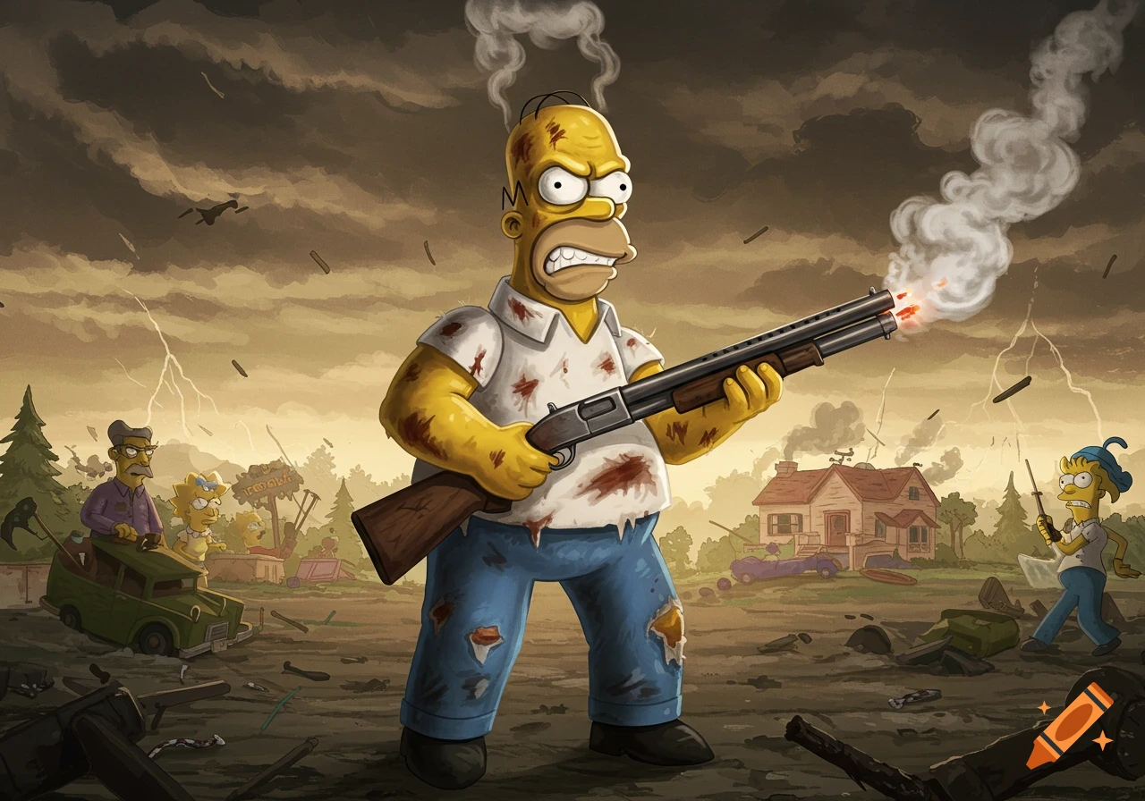 Angry Homer Simpson, blood-stained, holding a smoking shotgun in a ...