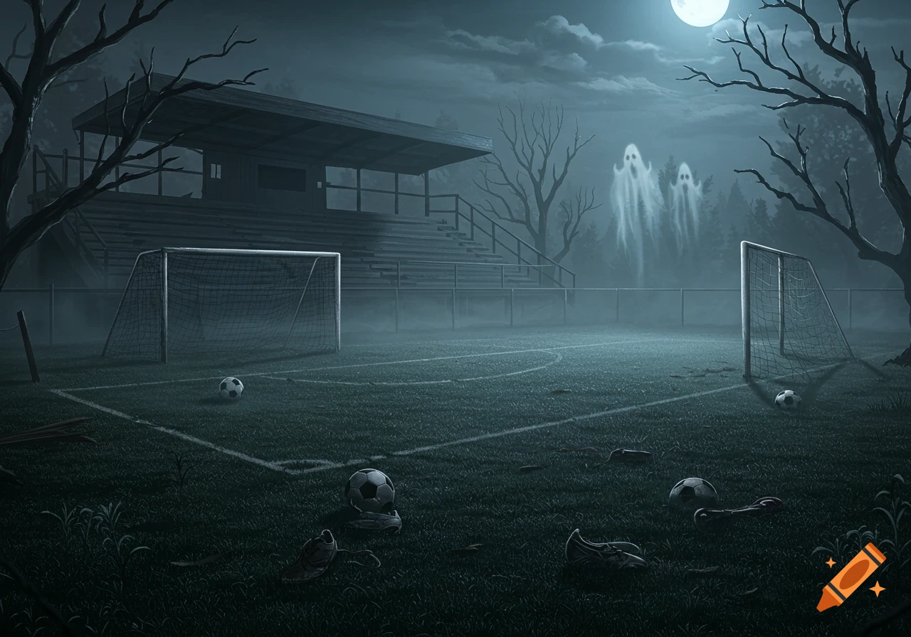 A haunted, misty soccer field at night under a full moon, with two ...