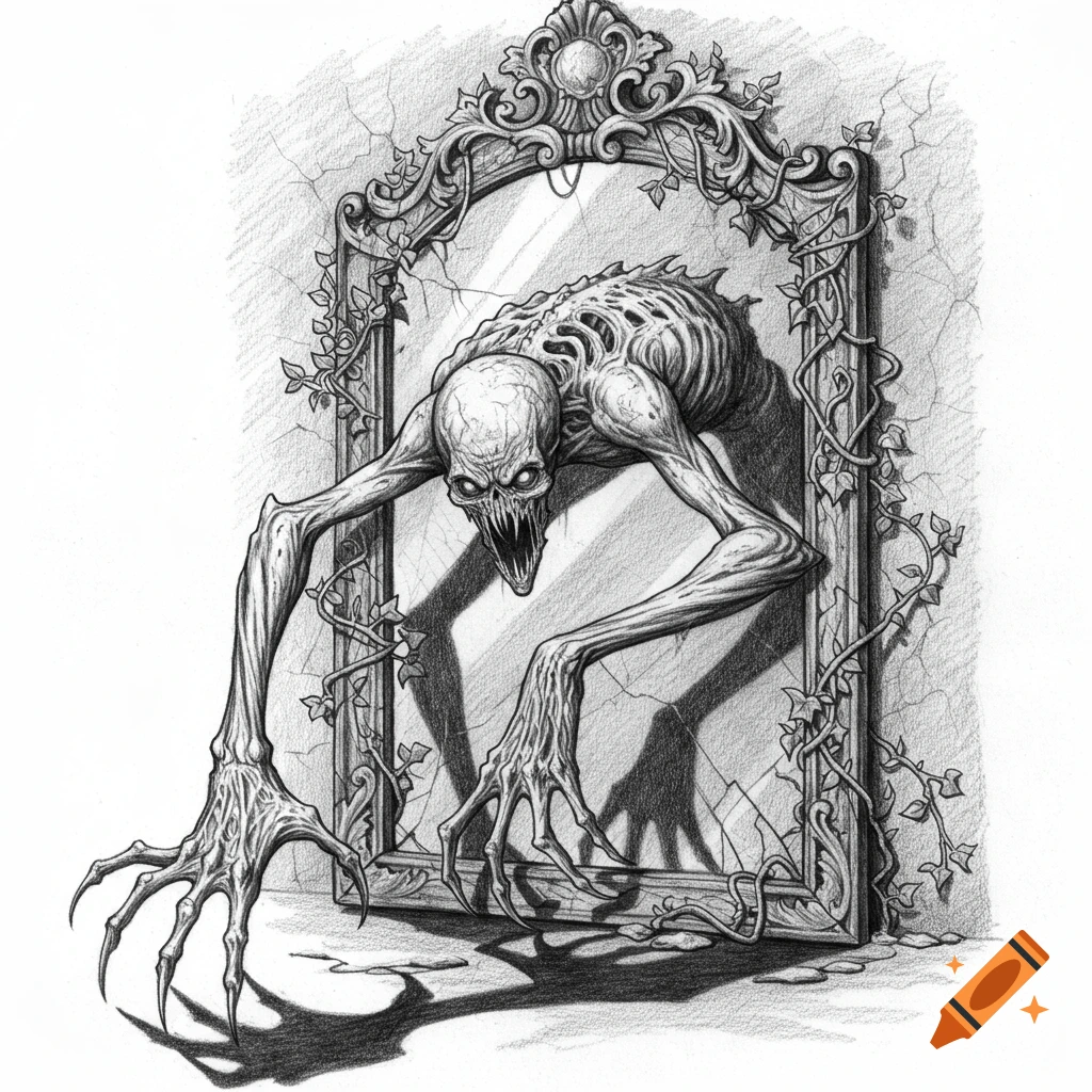 A pencil drawing of a skeletal monster with glowing eyes, long limbs ...
