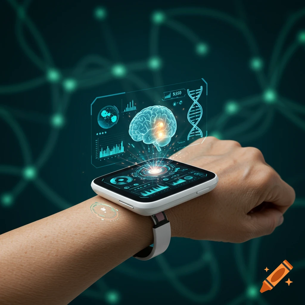 A close-up of a hand wearing a white futuristic smartwatch with a ...