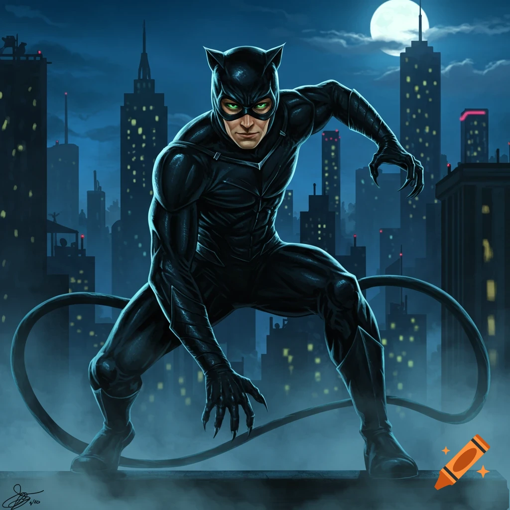 Catman in a black suit crouches on a rooftop against a nighttime city ...