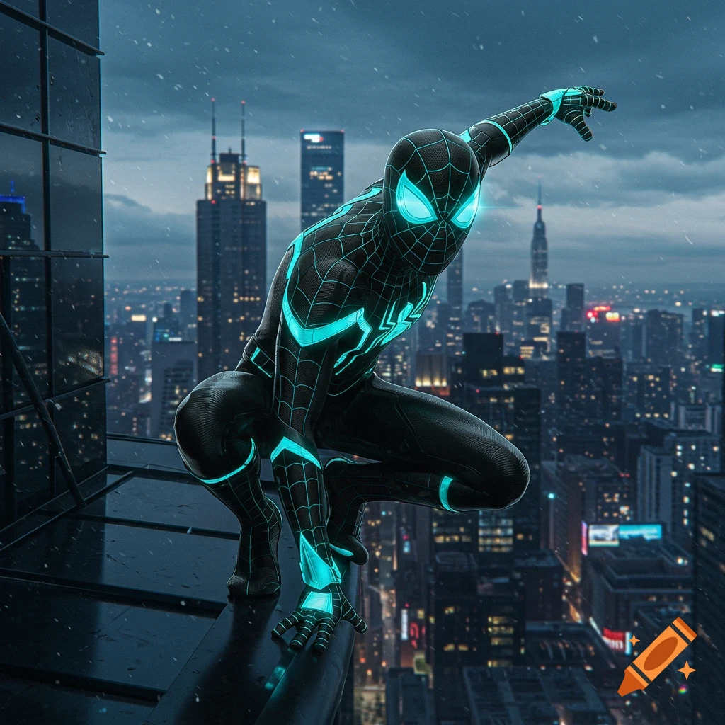 Spider-Man in a black suit with glowing neon blue accents crouches on a ...