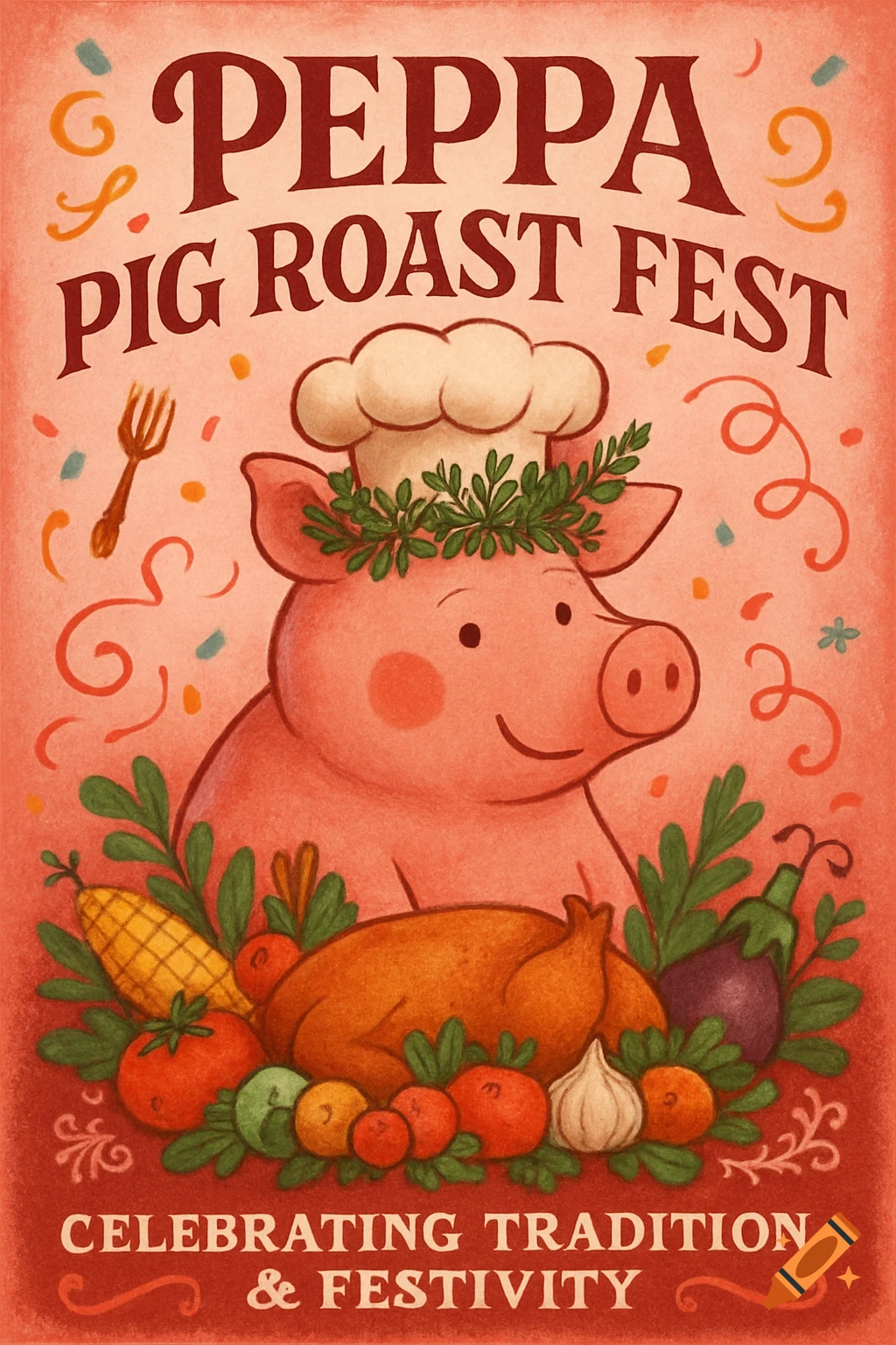 A stylized poster for 'PEPPA PIG ROAST FEST' featuring a smiling ...