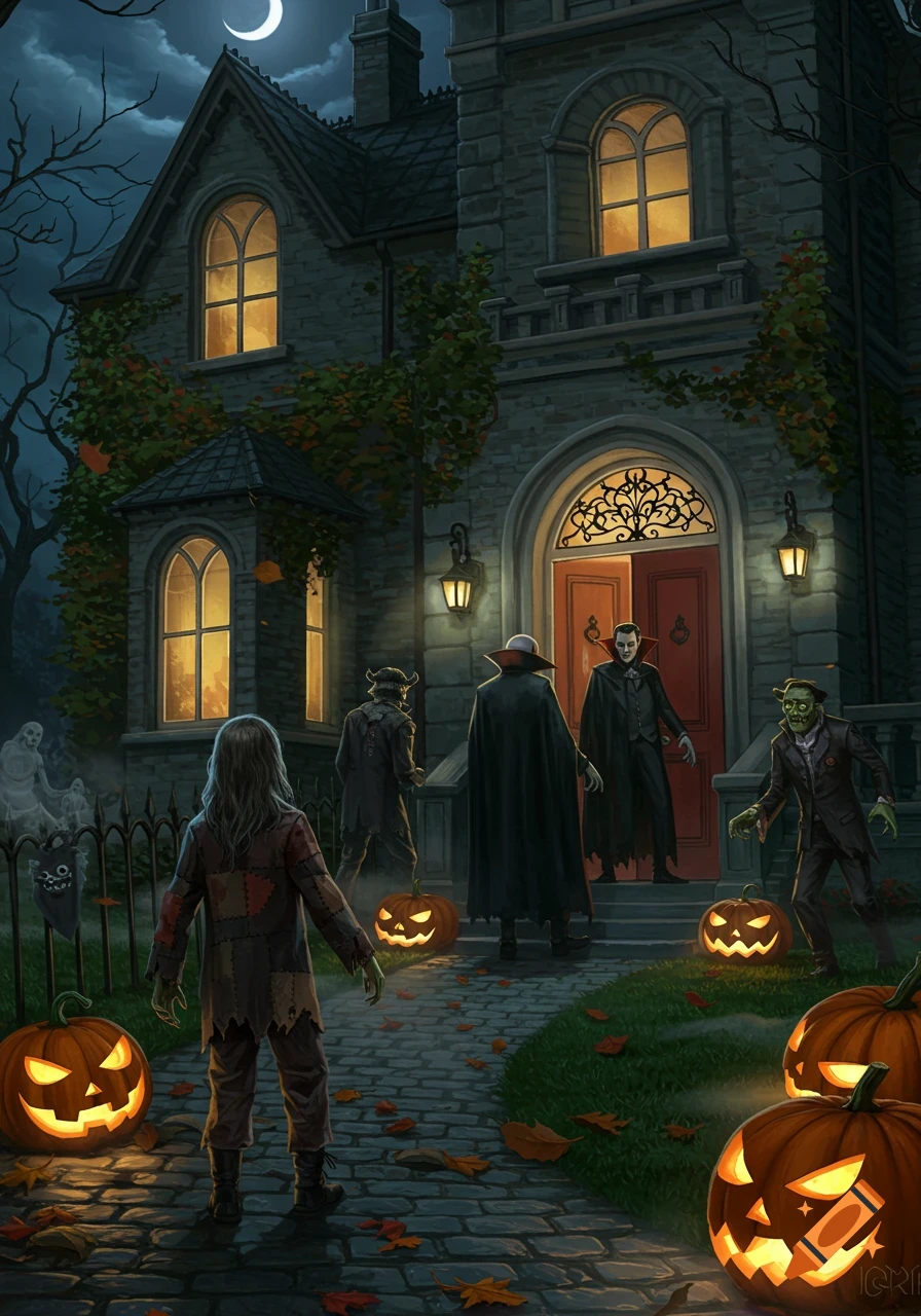 Halloween monsters and vampires trick-or-treating at a spooky house on ...