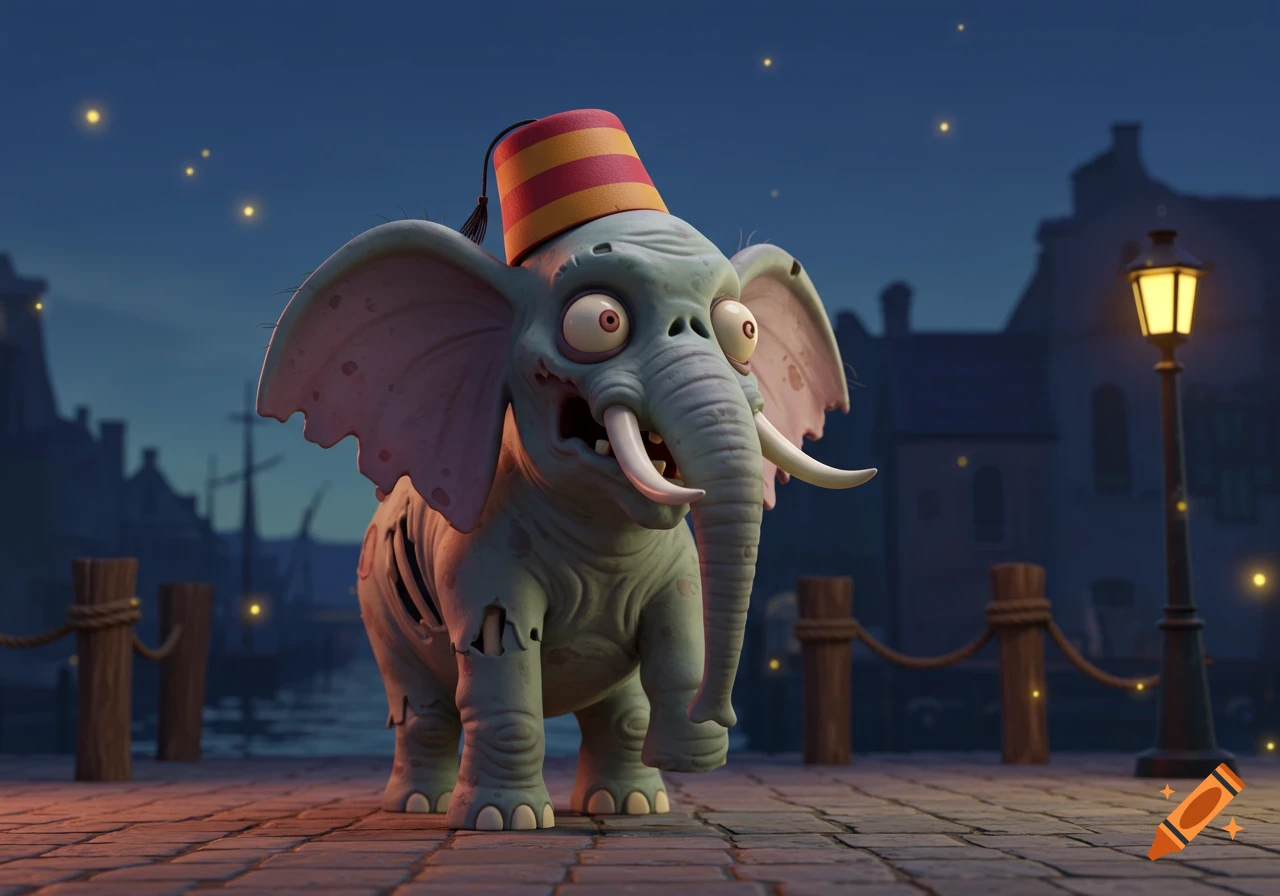 A stylized cartoon zombie elephant with a red and yellow fez hat stands ...
