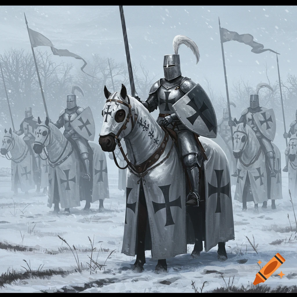 Teutonic knights on horseback, clad in armor and white tunics with ...