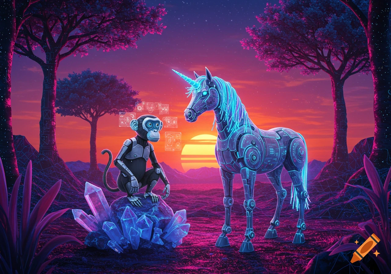 A futuristic robot monkey sits on glowing crystals, facing a glowing ...