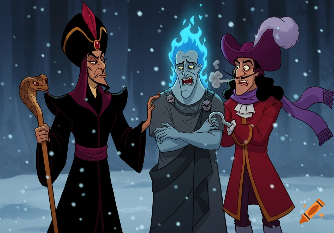 Jafar and Captain Hook look concerned at a shivering Hades in a snowy ...