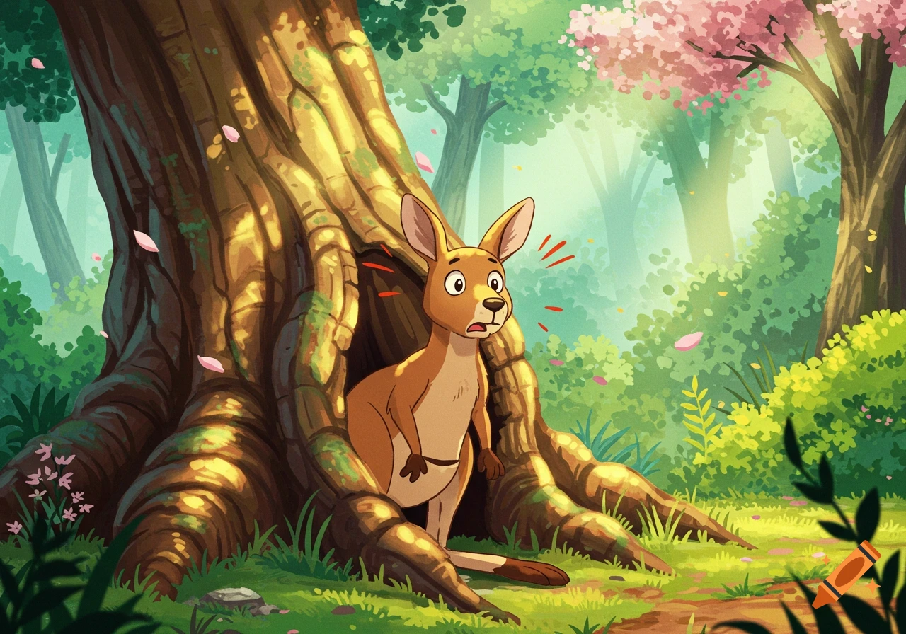 A shocked 2D anime kangaroo stands next to a large tree trunk in a ...