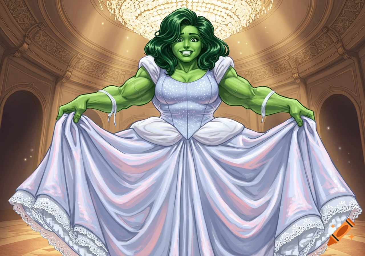She-Hulk in a white Disney Princess-style ballgown, smiling in a grand ...