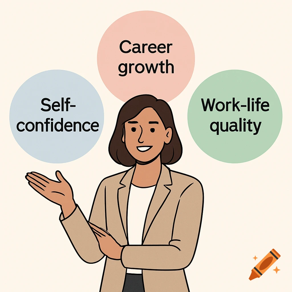 An infographic with a smiling employee in a blazer gesturing towards ...