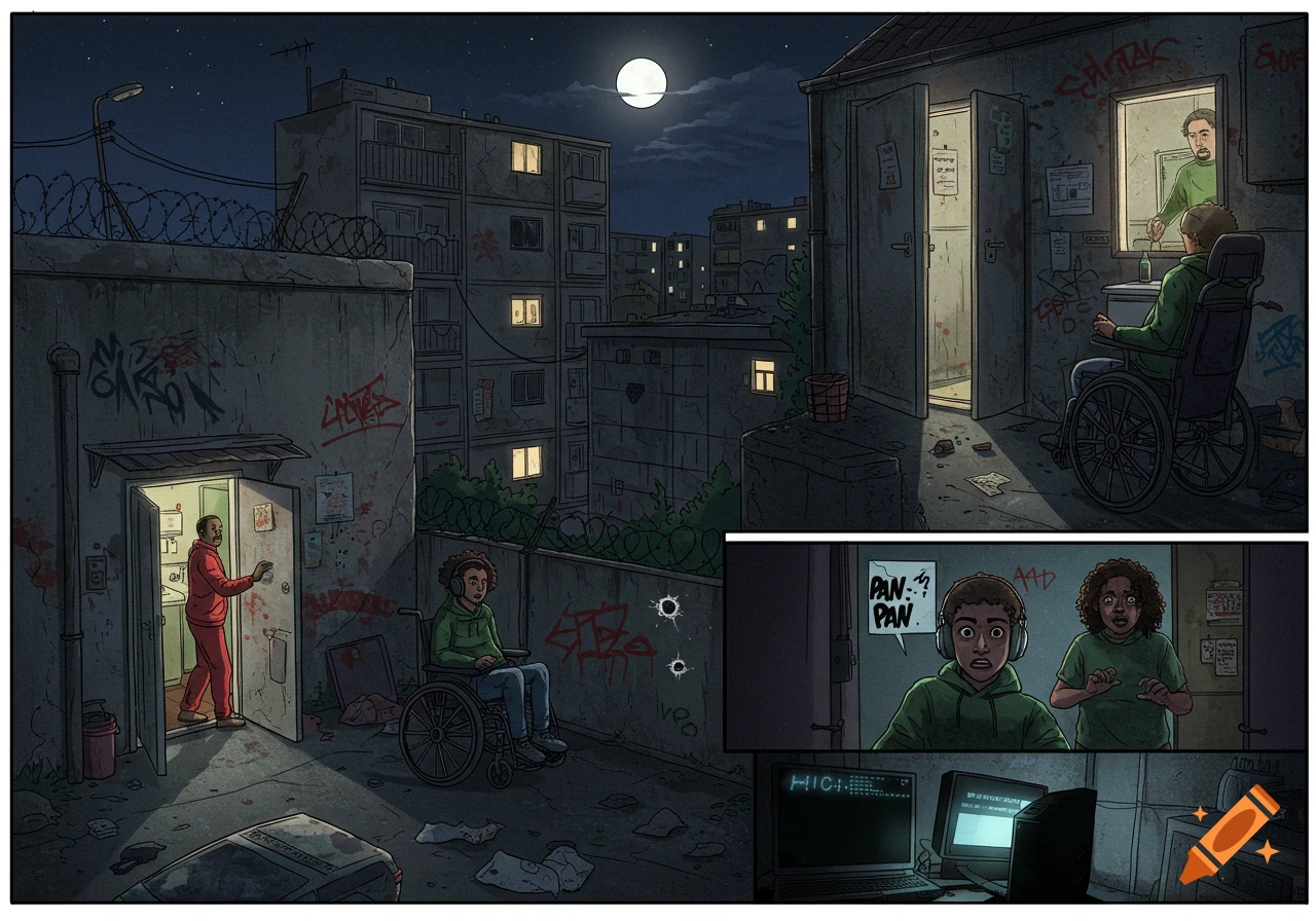 A multi-panel comic page set at night in a gritty urban area, featuring ...