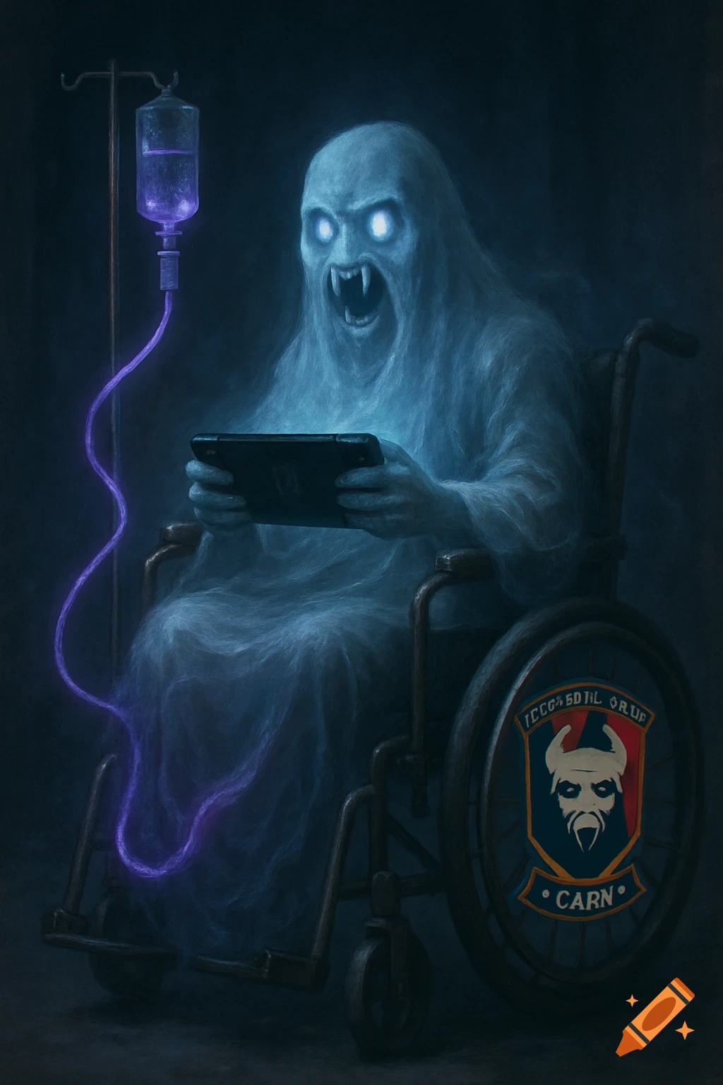 A creepy, fanged ghost with glowing eyes sits in a wheelchair, holding ...