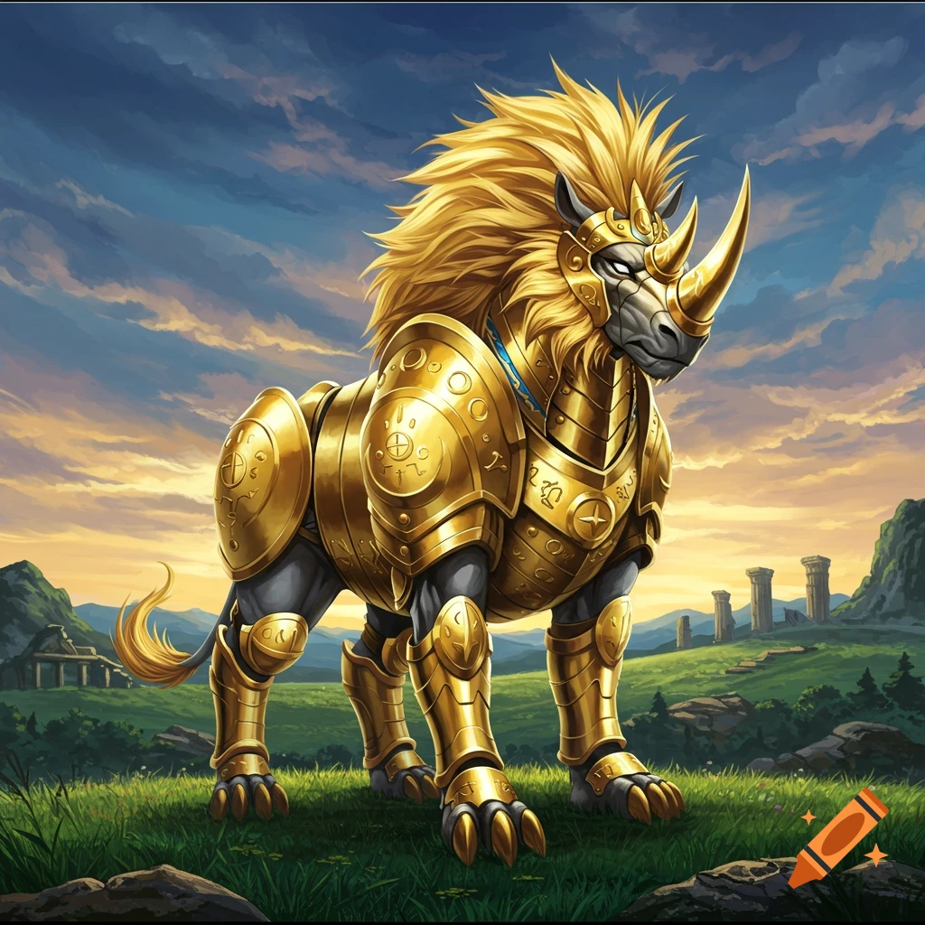 Golden armored lion-rhino hybrid creature with a spiky mane in a grassy ...