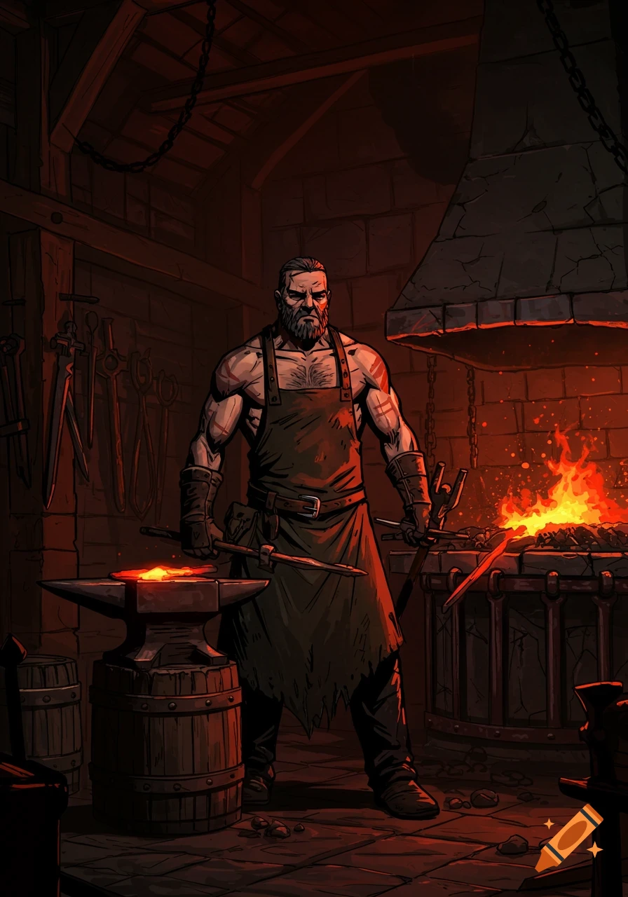 A stylized, muscular blacksmith with a beard and an apron stands in a ...