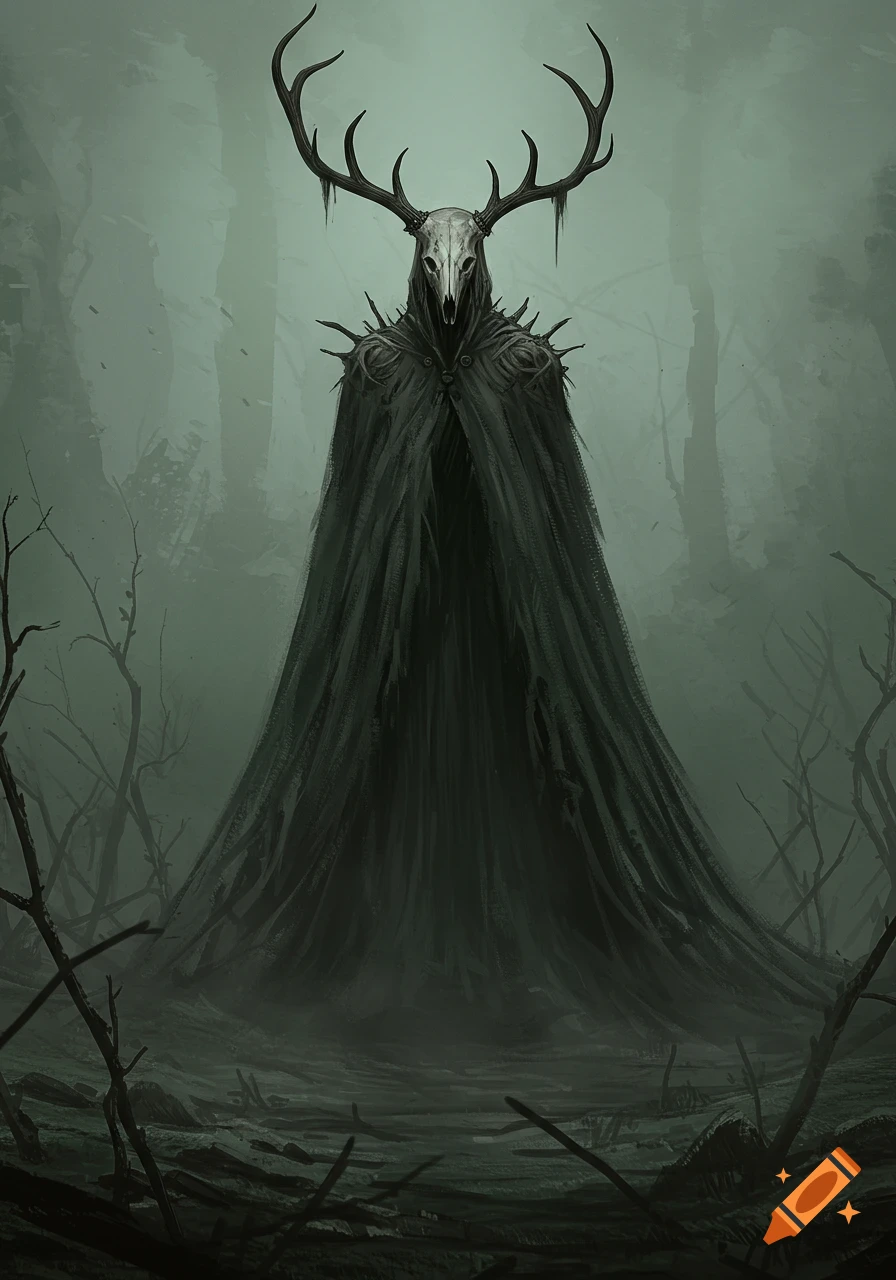 A dark fantasy entity with a skull face, large antlers, and a long ...