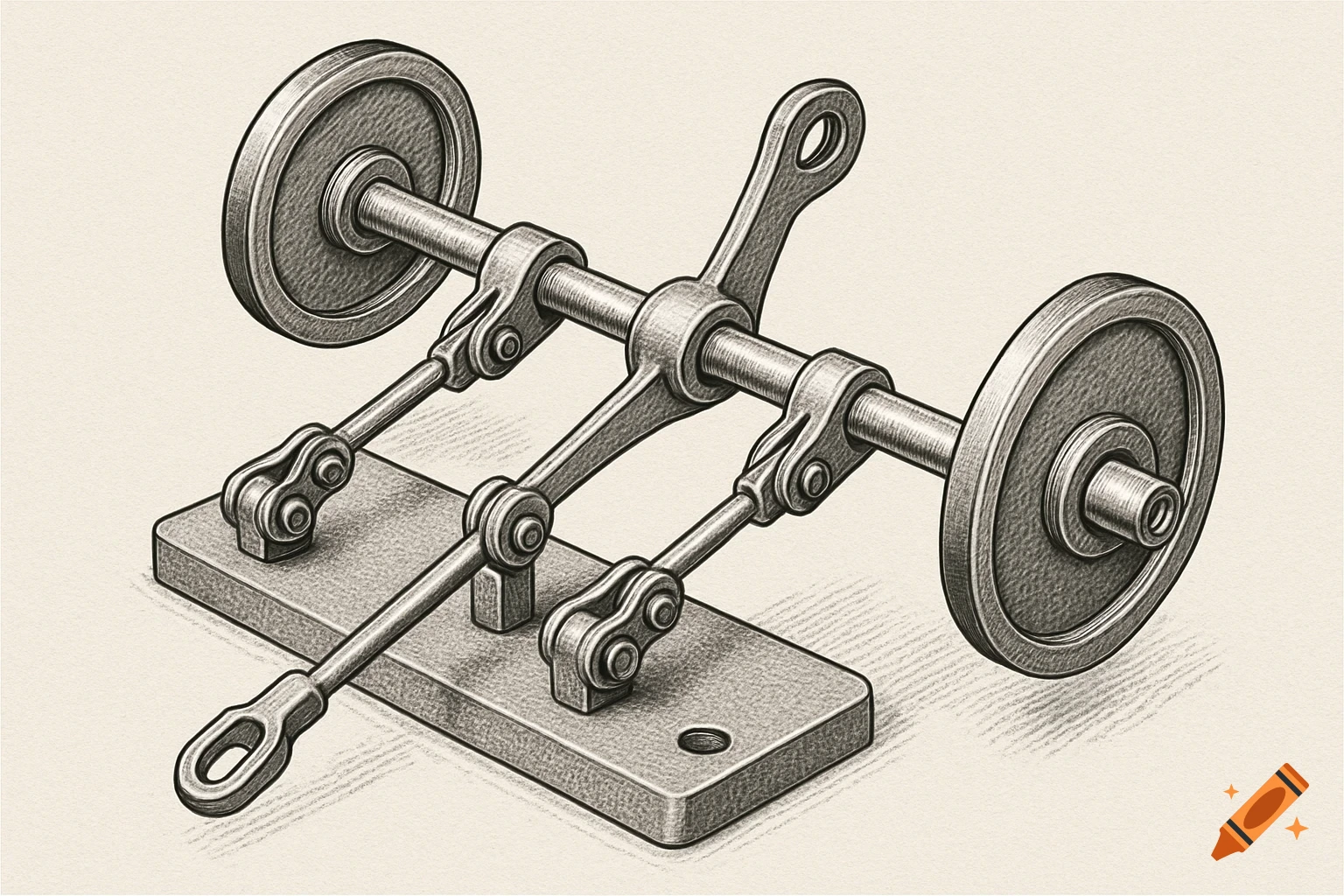 Grayscale technical illustration of a mechanical linkage system with ...