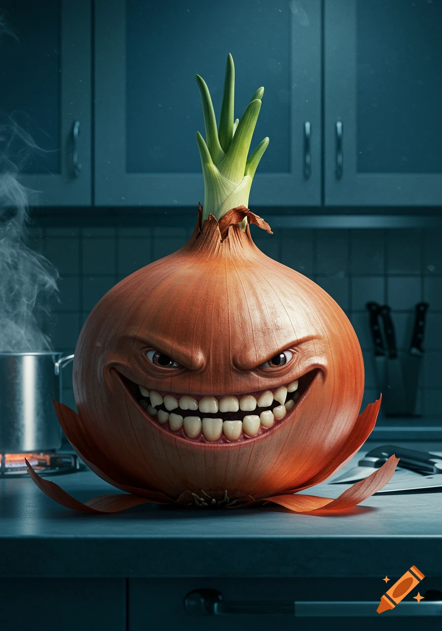 A menacing, cartoonish onion with sharp teeth and angry eyes stands on ...