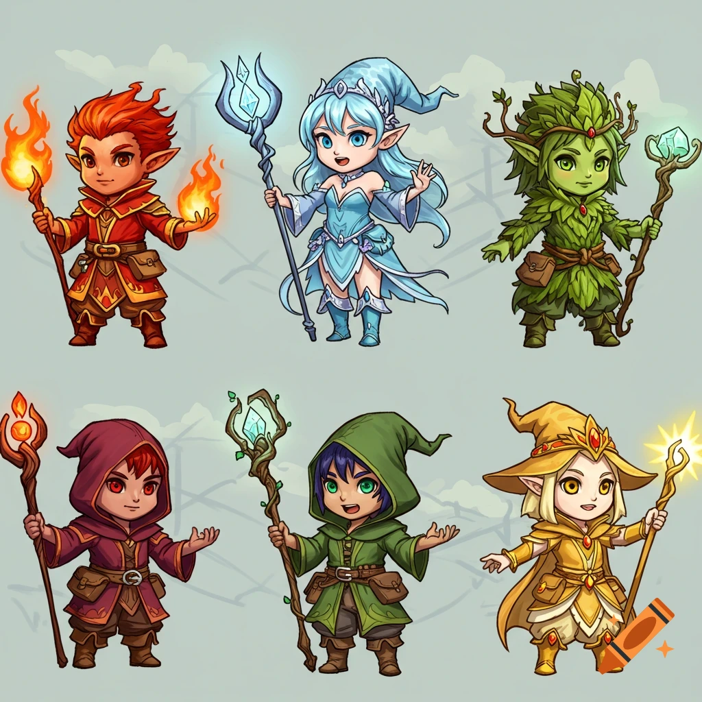 Six chibi fantasy RPG mage characters with elemental themes, unique outfits, and staffs on a ...