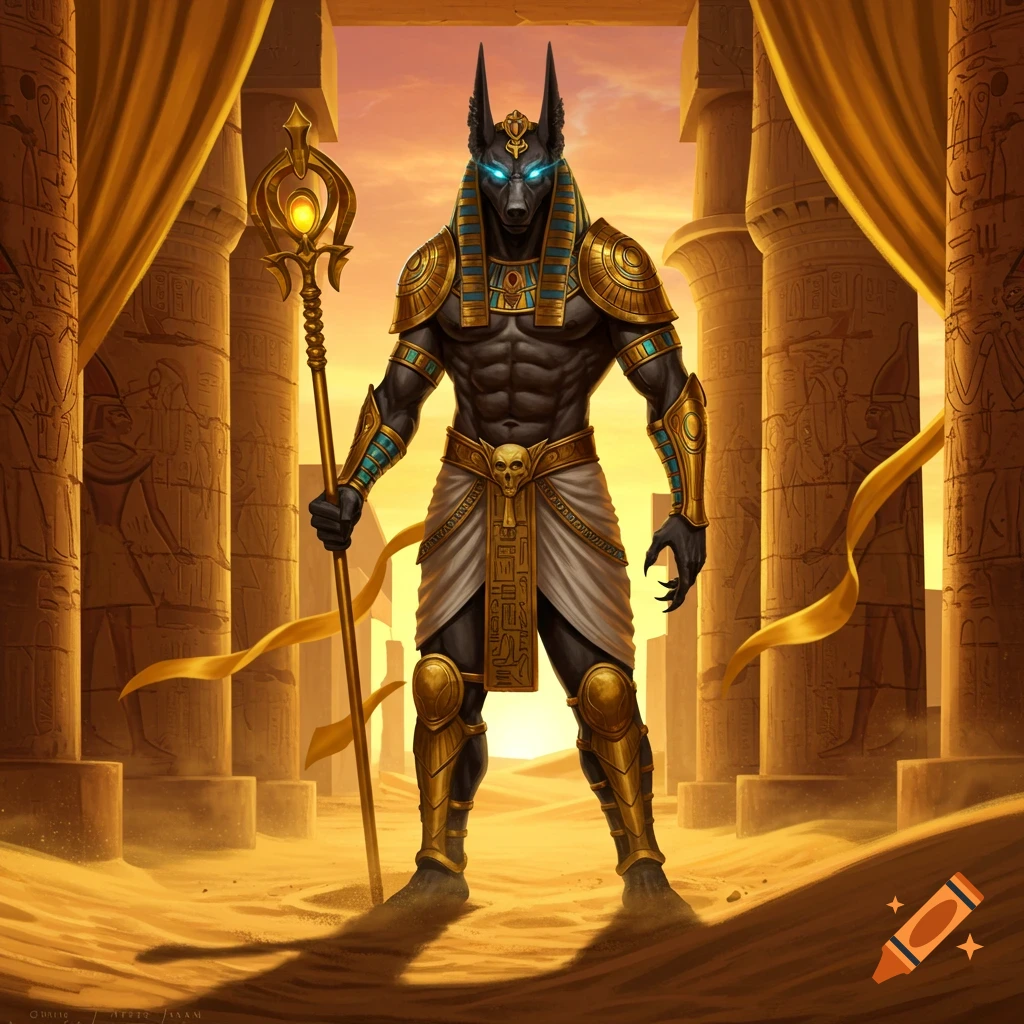 A muscular Anubis, with a jackal head and glowing blue eyes, stands in ...