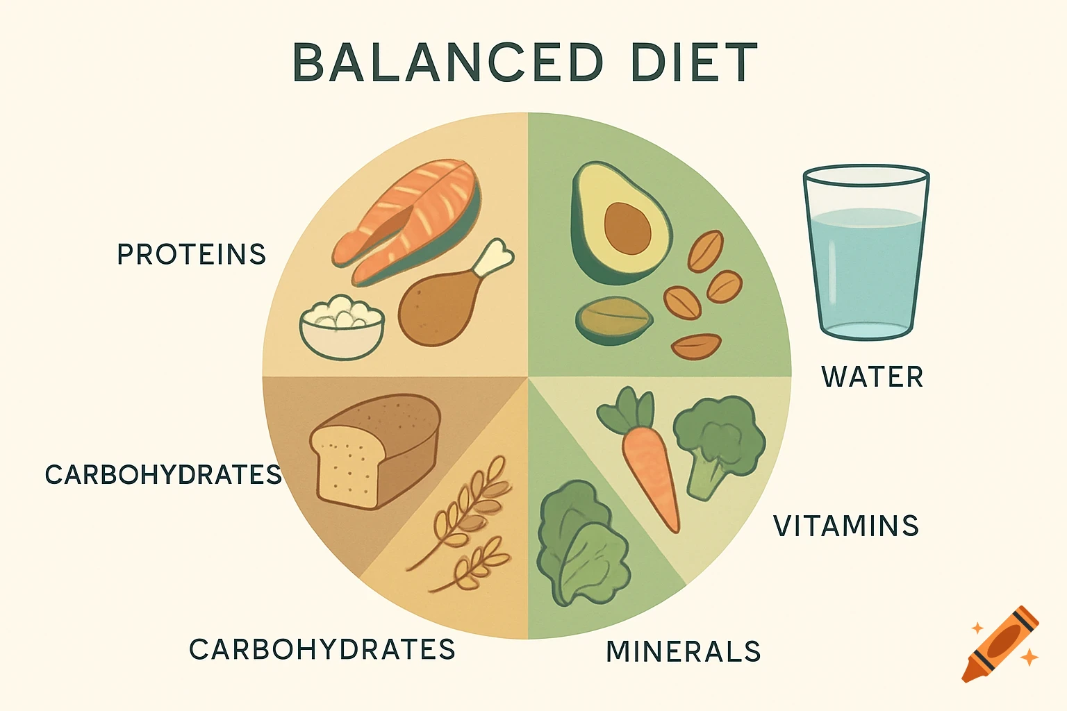 A colorful diagram illustrating a balanced diet, divided into sections ...