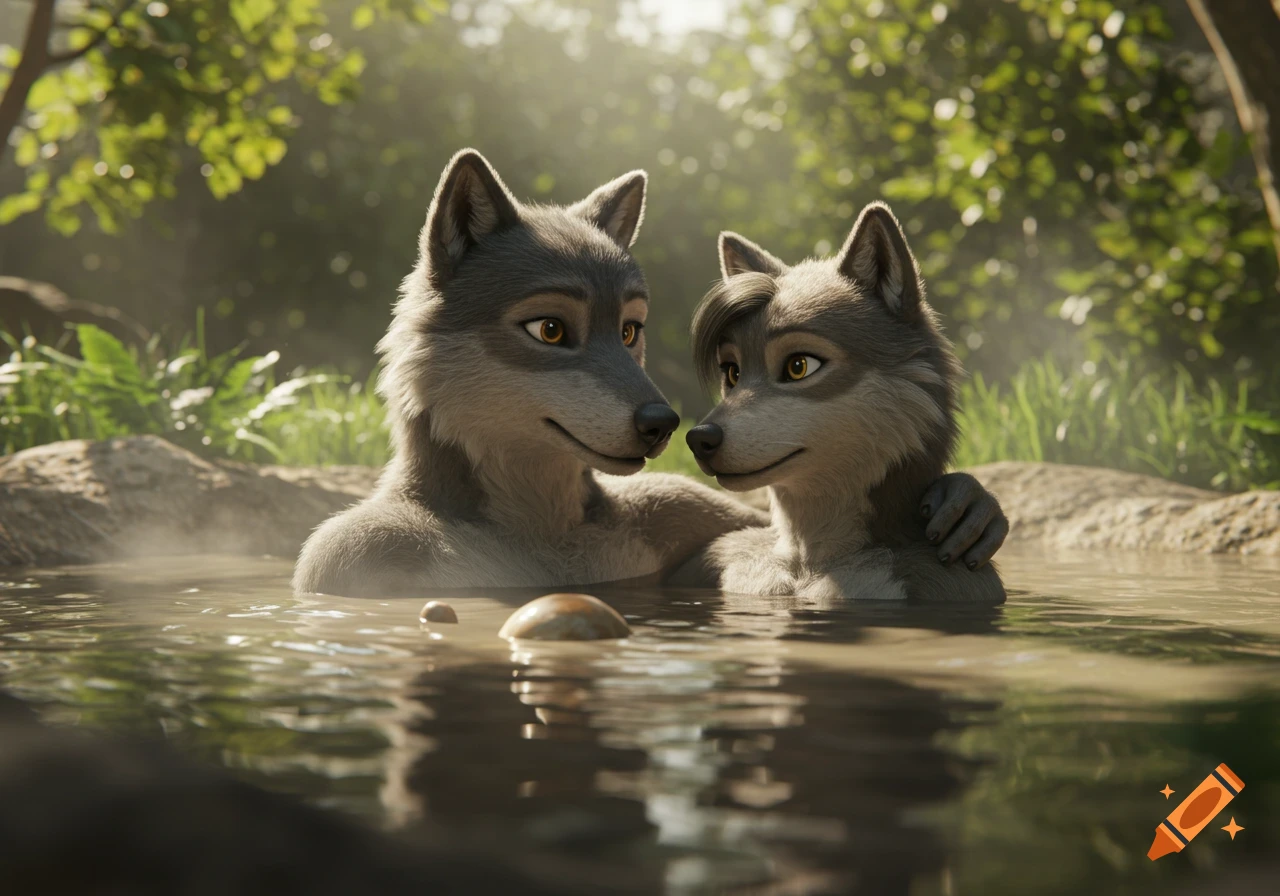 Two anthropomorphic animated wolves, a male and female, relaxing ...