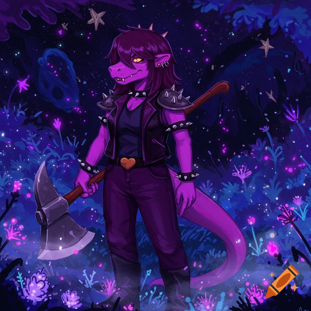 A purple reptilian character with dark hair, Susie from Deltarune ...
