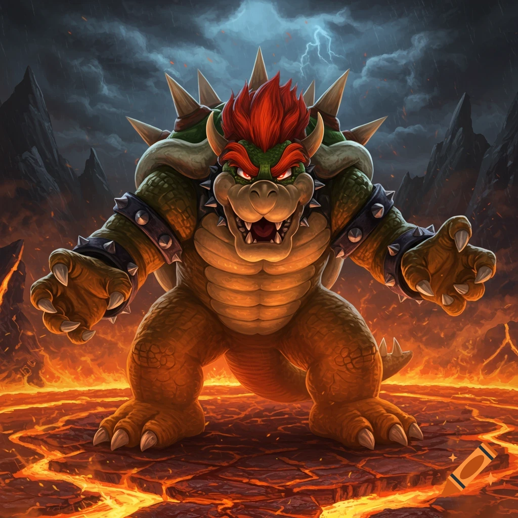 A detailed illustration of Bowser, the turtle-like villain, standing ...