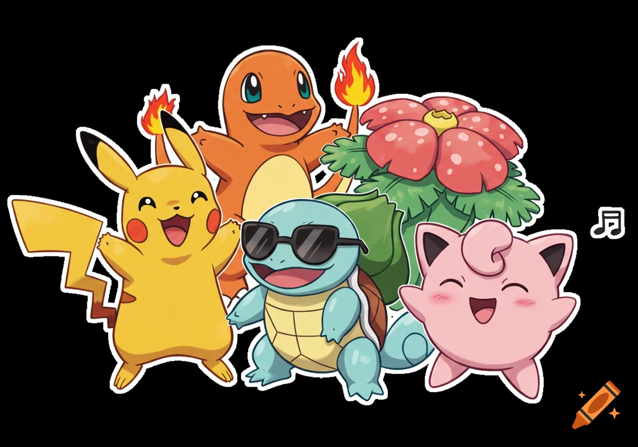 A vibrant sticker-style illustration of cheerful Pokémon: Pikachu ...