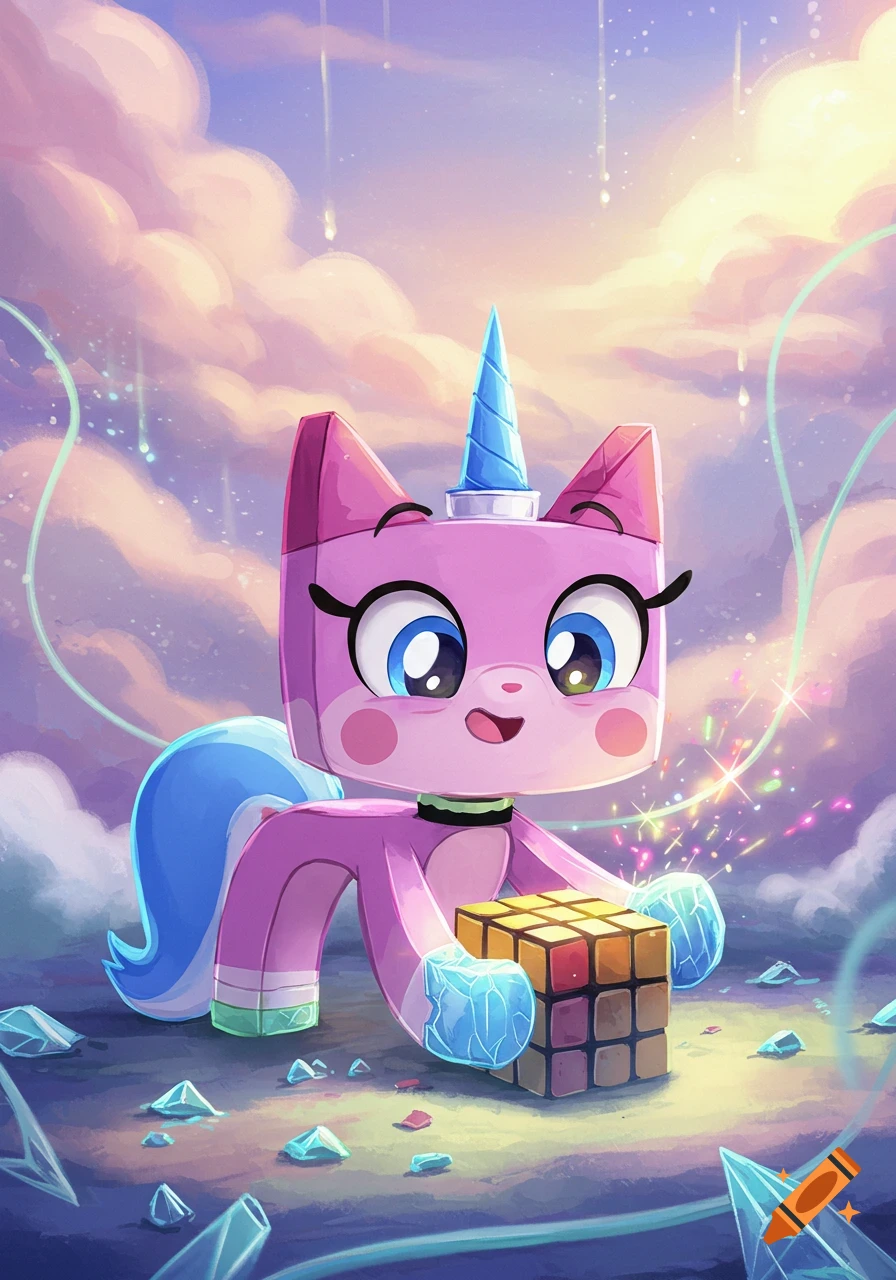A cartoon Unikitty holds a Rubik's cube with crystal-shattered paws ...