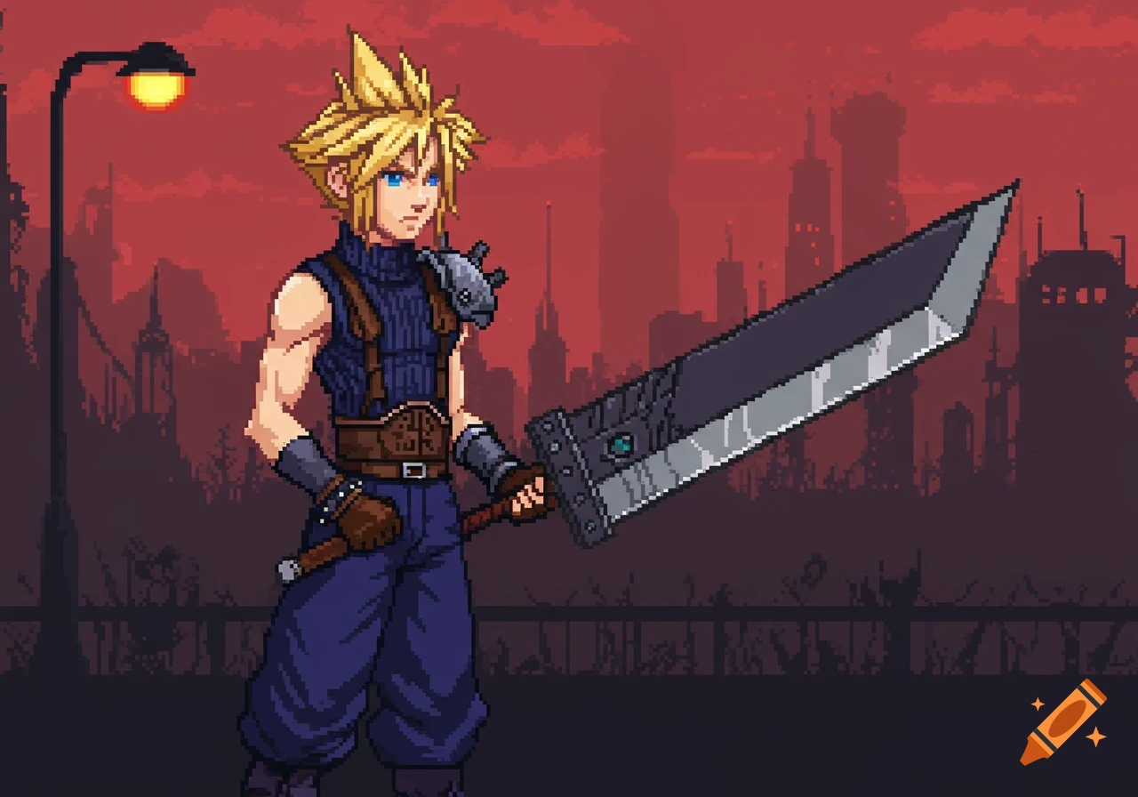 8-bit pixel art sprite of Cloud Strife from Final Fantasy VII, holding ...