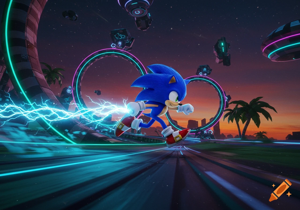 Sonic the Hedgehog runs quickly on a futuristic track with neon rings ...